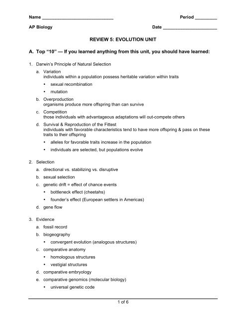 REVIEW 5: EVOLUTION UNIT A. Top “10” — If you ... - Staff.fcps.net