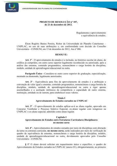 Regulamenta o Aproveitamento e Equivalência de Estudos - Uniplac