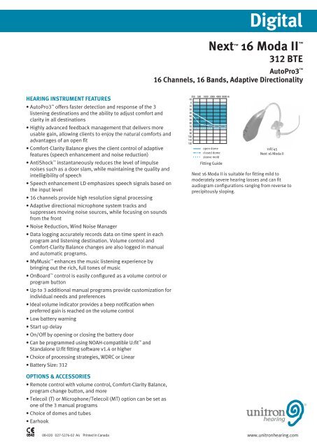 Unitron Hearing - Next 16 Moda II - Specification Sheet - A4 ...