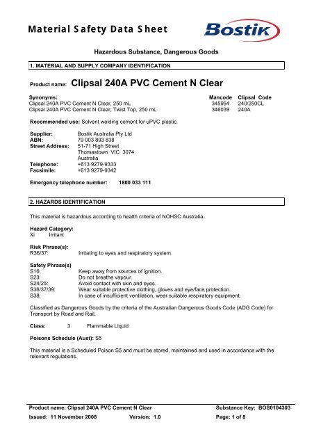 Material Safety Data Sheet - Clipsal 240A PVC Cement N Clear