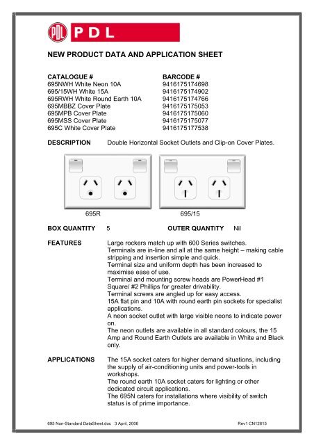 Product Data Sheet - 695 695R 695M 695C 600 Series ... - Clipsal