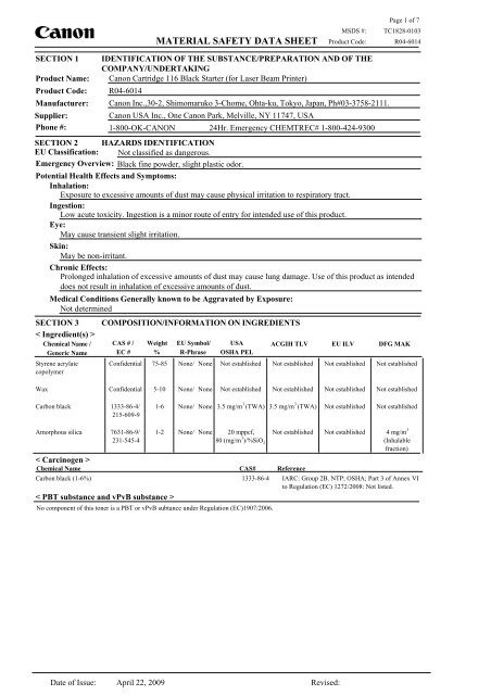 MATERIAL SAFETY DATA SHEET - Canon USA, Inc.