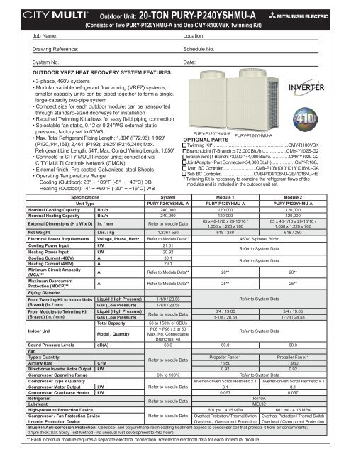Outdoor Unit: 20-TON PURY-P240YSHMU-A - MyLinkDrive