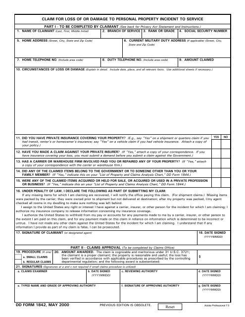 DD Form 1842, Claim for Loss of or Damage to Property Incident to ...