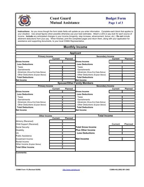 CGMA Budget Form - Coast Guard Mutual Assistance
