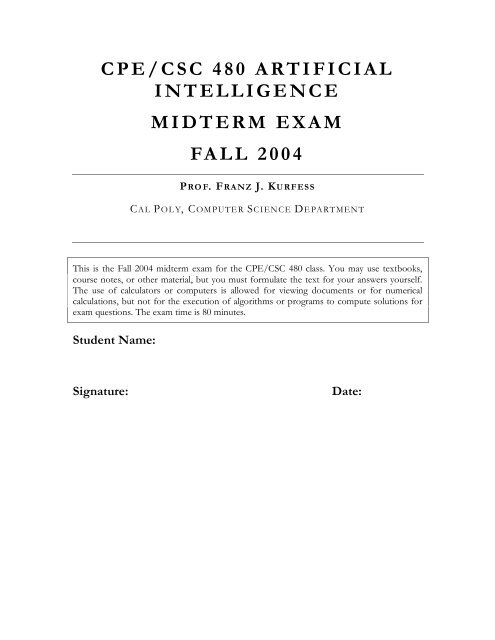 Cpecsc 480 Artificial Intelligence Midterm Exam Fall 