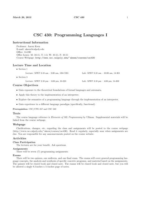 CSC 430: Programming Languages I