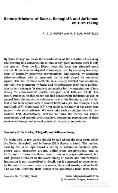 Some criticisms of Sacks, Schegloff, and Jefferson on turn taking