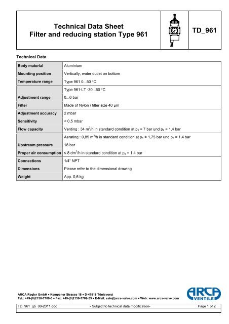 Technical Data Sheet Filter and reducing station Type 961 TD 961