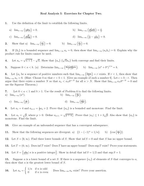 Real Analysis I: Exercises for Chapter Two. 1. Use the ... - Rowan