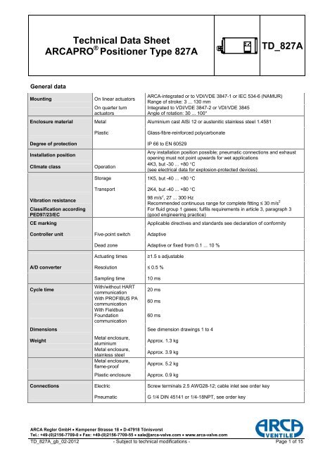 Technical Data Sheet ARCAPRO® Positioner ... - ARCA Regler Gmbh