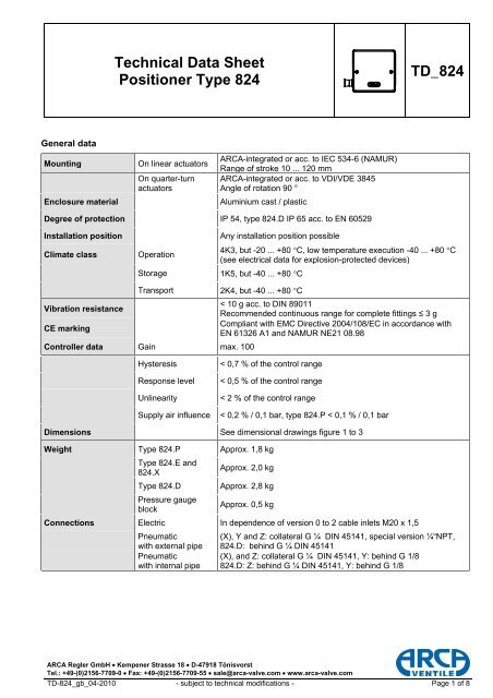 Technical Data Sheet Positioner Type 824 ... - ARCA Regler Gmbh
