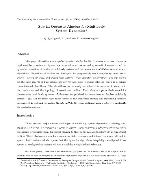Spatial Operator Algebra for Multibody System ... - UCSD DSP Lab