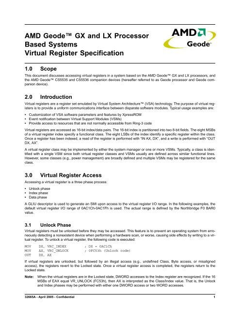 AMD Geode Virtual Register Specification