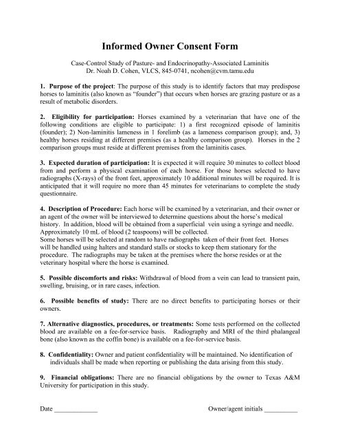 Informed Owner Consent Form - College of Veterinary Medicine ...