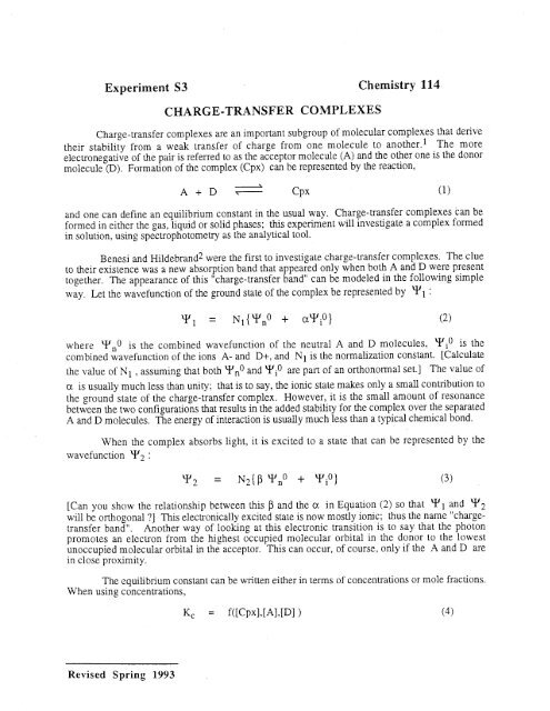 Experiment S3 ' Chemistry 114 CHARGE-TRANSFER COMPLEXES
