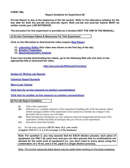 CHEM 14BL Report Guideline for Experiment #2 Pre-lab ... - UCLA