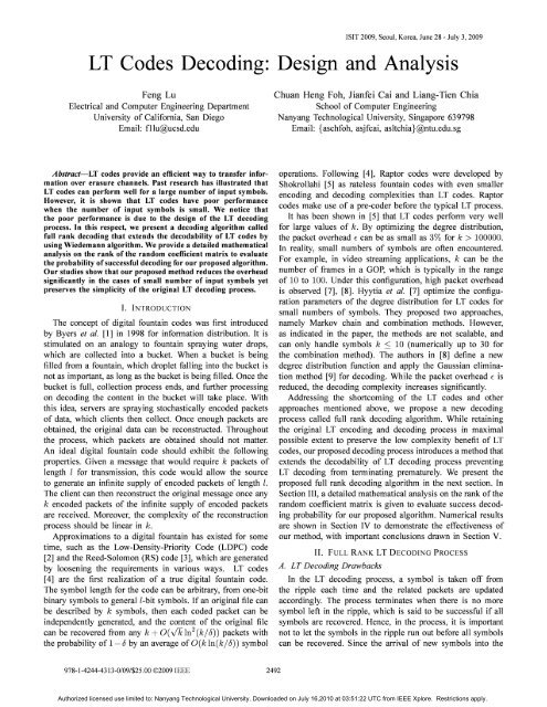 LT Codes Decoding: Design and Analysis - fountain-codes