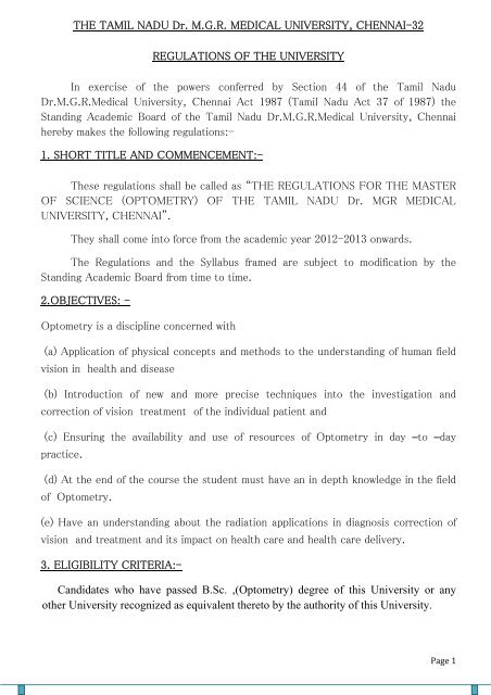 M.Sc. (Optometry) Syllabus & Regulations - Tamil Nadu Dr. MGR ...