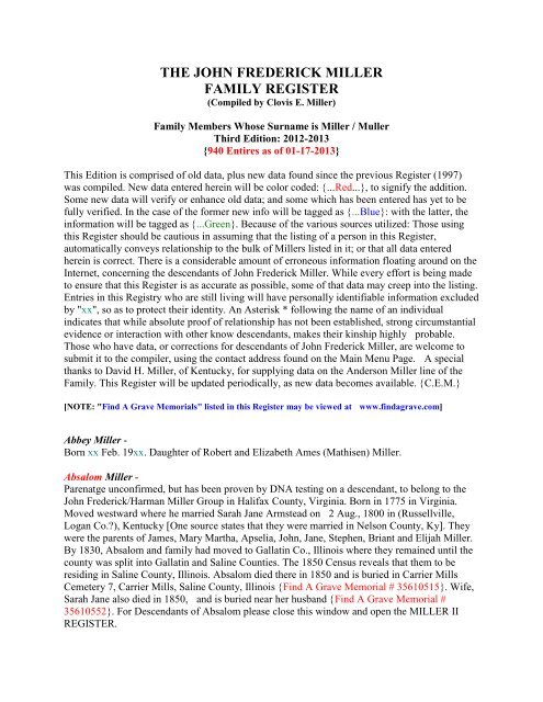THE JOHN FREDERICK MILLER FAMILY REGISTER