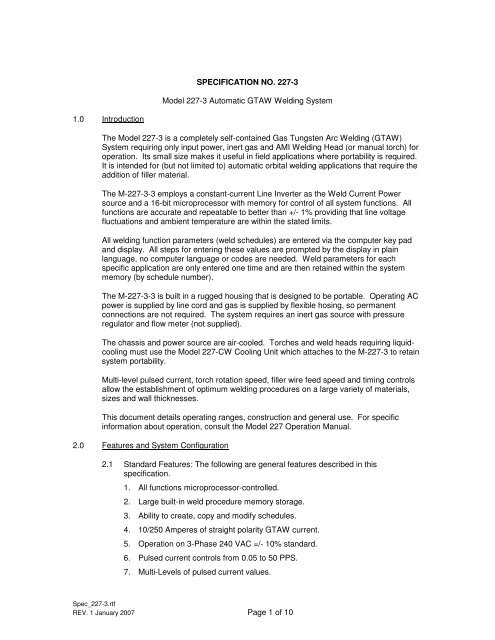 SPECIFICATION NO. 227-3 Model 227-3 ... - Arc Machines, Inc.