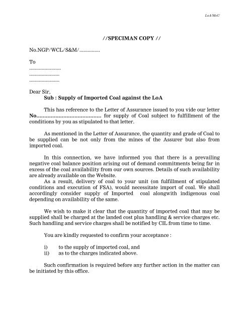 mou format - Western Coalfields Ltd. India.