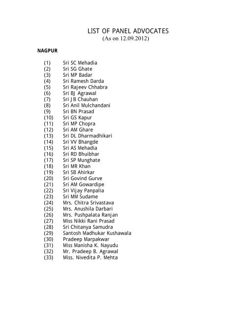 LIST OF PANEL ADVOCATES