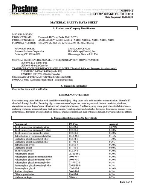 msds042 hi-temp brake fluid dot 3 material safety data sheet
