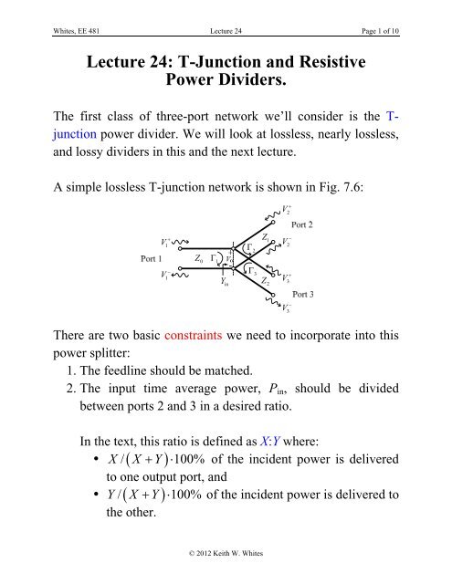 Lecture 24: T-Junction and Resistive Power Dividers.