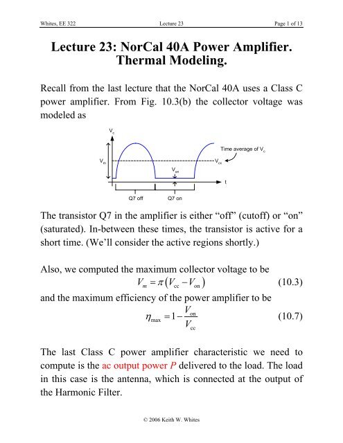 Lecture 23: NorCal 40A Power Amplifier. Thermal Modeling.