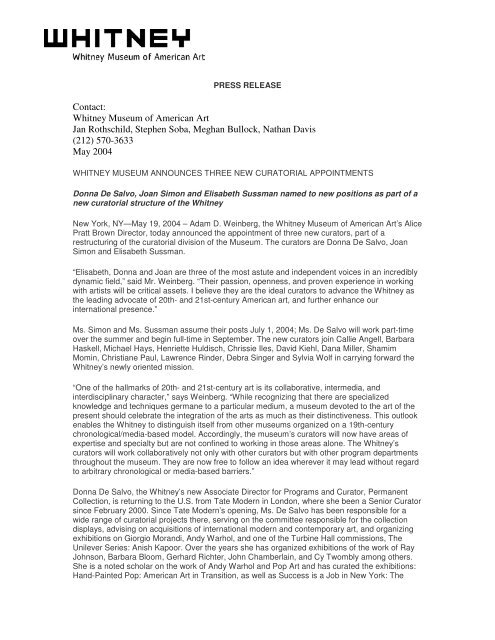 Contact: Whitney Museum of American Art Jan Rothschild, Stephen ...