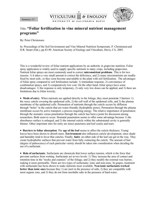 Foliar fertilization in vine mineral nutrient management - UC Davis ...
