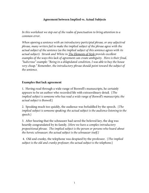 Worksheet on Implied vs Actual Subjects