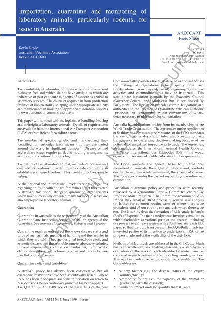 Importation quarantine and monitoring of laboratory animals ...