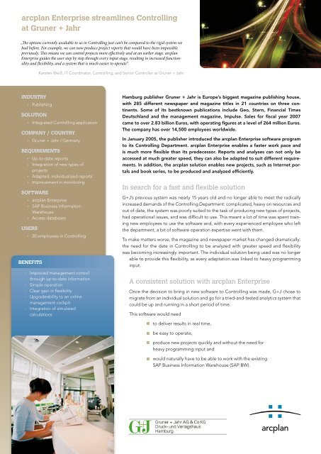 arcplan Enterprise streamlines Controlling at Gruner + Jahr