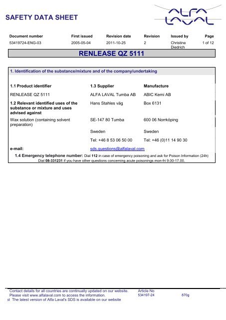 SAFETY DATA SHEET RENLEASE QZ 5111 - Alfa Laval