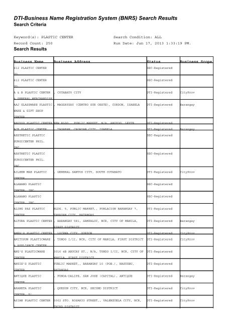 DTI-Business Name Registration System (BNRS) Search Results