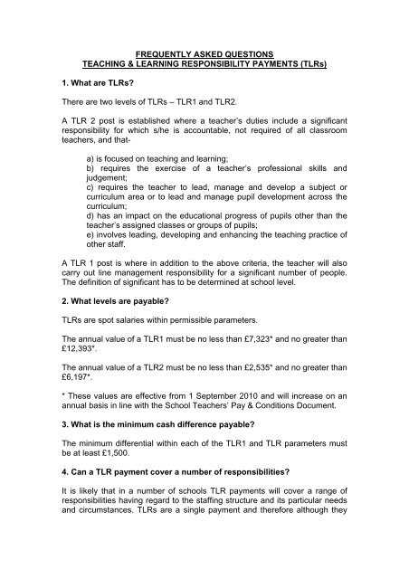 FAQS - Teaching & Learning responsibility payments (TLRs)