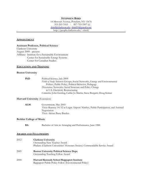 Assistant Professor, Political Science Clarkson University August ...