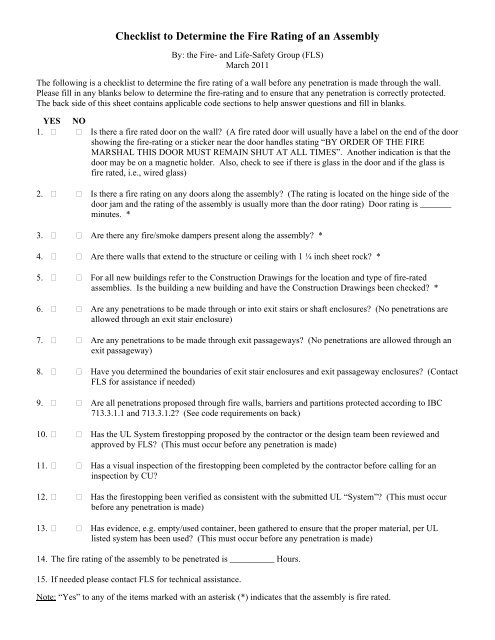 Checklist to Determine the Fire Rating of an Assembly