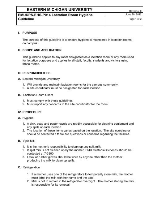 Lactation Room Hygiene Guideline - Eastern Michigan University