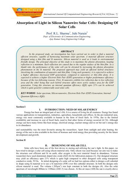 Absorption of Light in Silicon Nanowire Solar Cells: Designing Of Solar ...