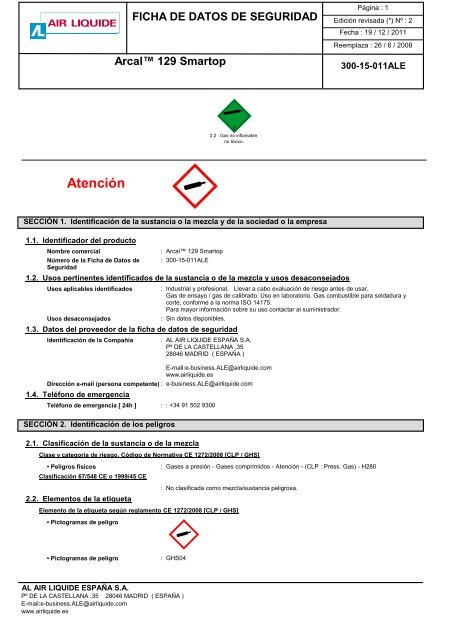 fds arcal 129 smartop(300-15-011ale) - Air Liquide