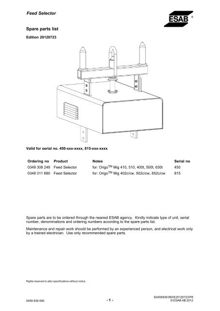Feed Selector Spare parts list - ESAB