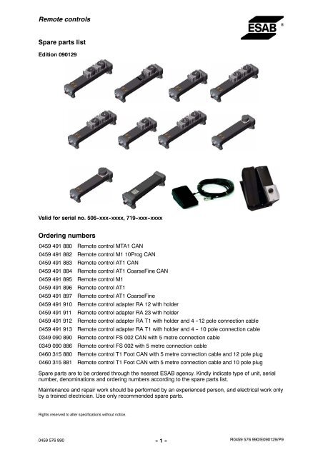 Remote controls Spare parts list Ordering numbers - ESAB