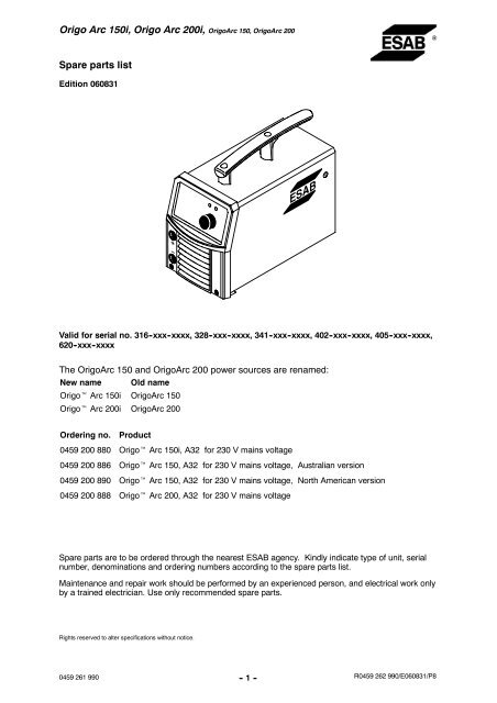 Origo Arc 150i, Origo Arc 200i, OrigoArc 150, OrigoArc 200 ... - ESAB