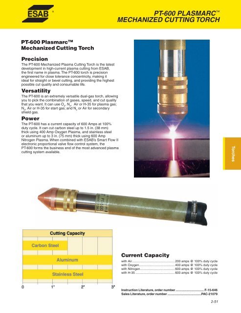 PT-600 PLASMARC? MECHANIZED CuTTING TORCH