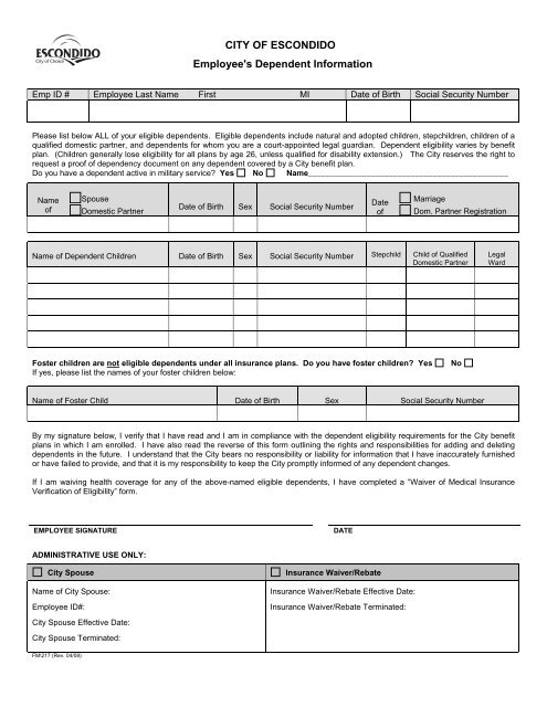 Employee Dependent Information form - City of Escondido