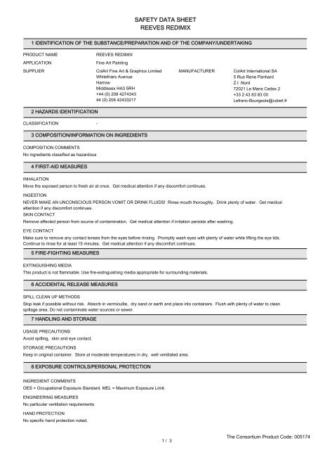SAFETY DATA SHEET REEVES REDIMIX - The Consortium