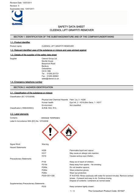 safety data sheet cleenol lift graffiti remover - The Consortium